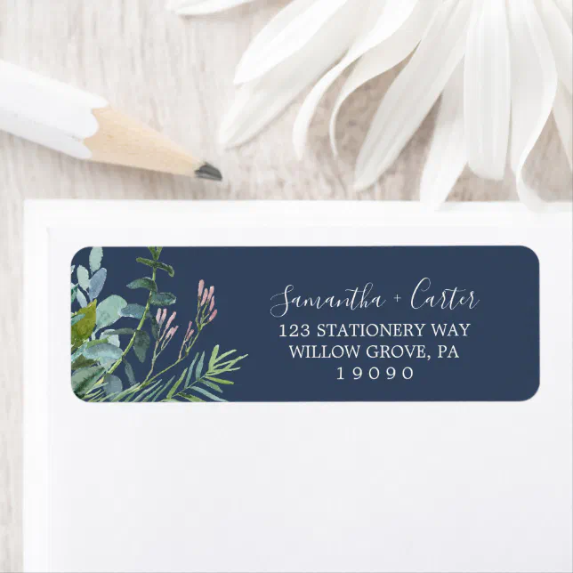 Summer Greenery | Navy Return Address Label | Zazzle