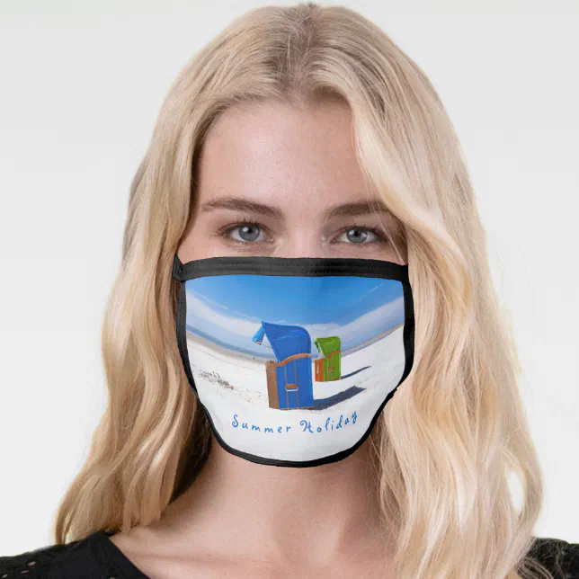 Summer holiday blue Beach chair photo with text Face Mask | Zazzle