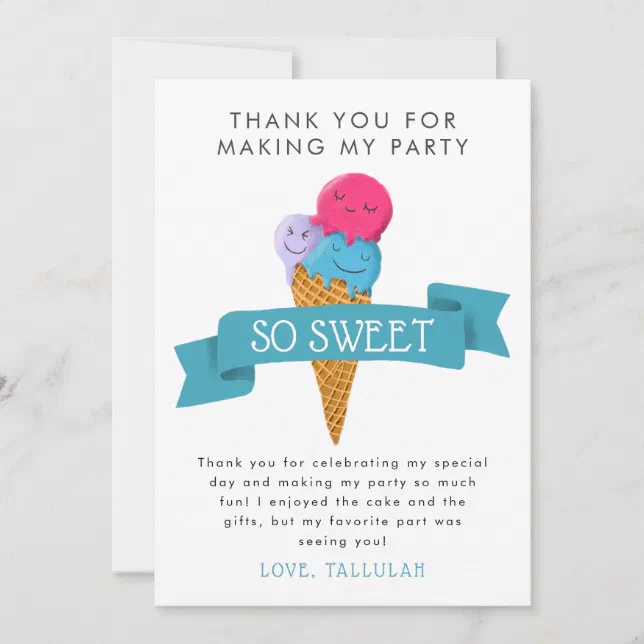 Summer Ice Cream Kids Birthday Party Thank You Card | Zazzle