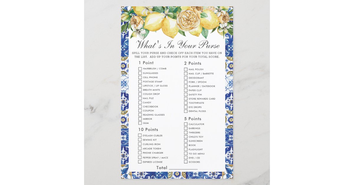 Summer Lemon Floral What's In Your Purse Game | Zazzle