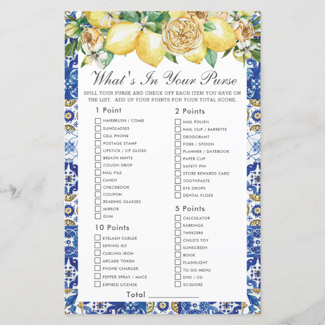Summer Lemon Floral What's In Your Purse Game | Zazzle