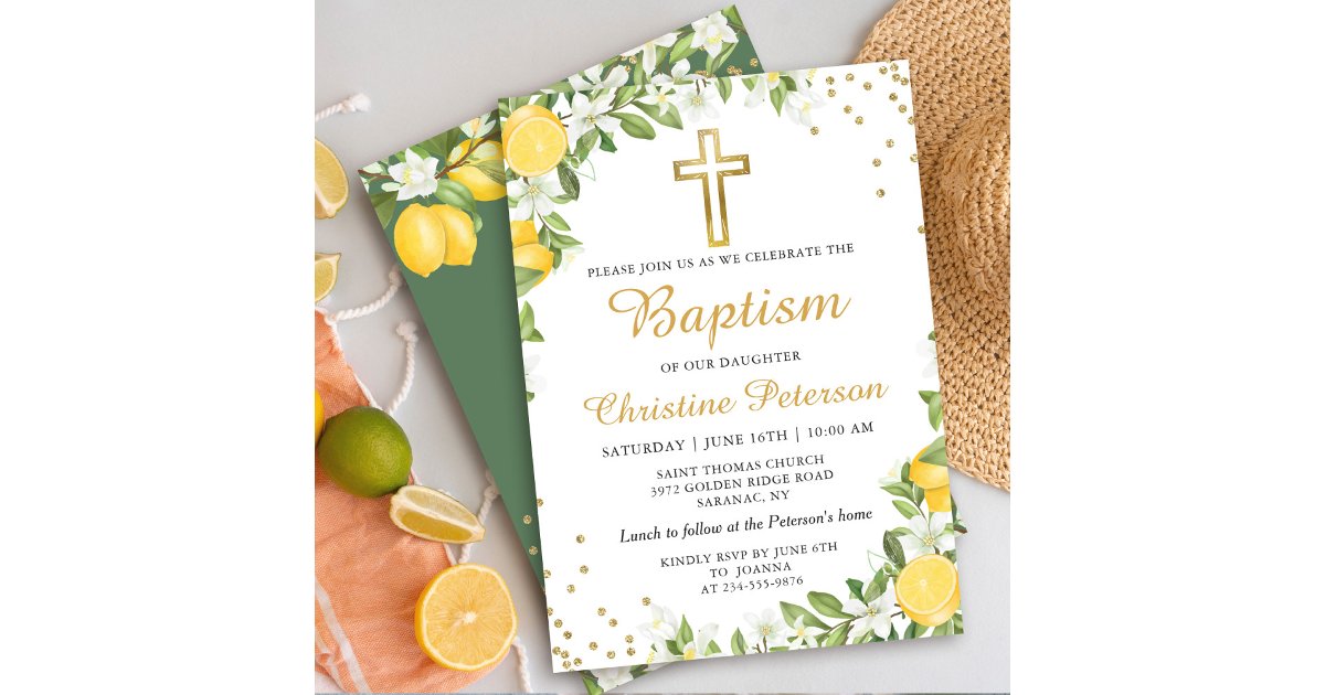 Summer Lemon Greenery Gold Cross Baptism Invitation | Zazzle
