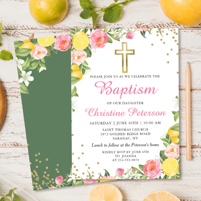 Summer Lemon Greenery Pink Floral Girl Baptism Invitation | Zazzle