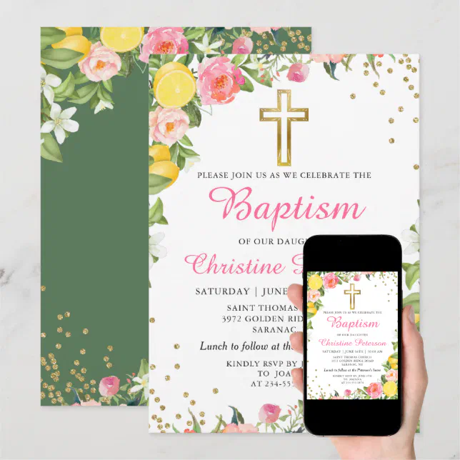 Summer Lemon Greenery Pink Floral Girl Baptism Invitation | Zazzle