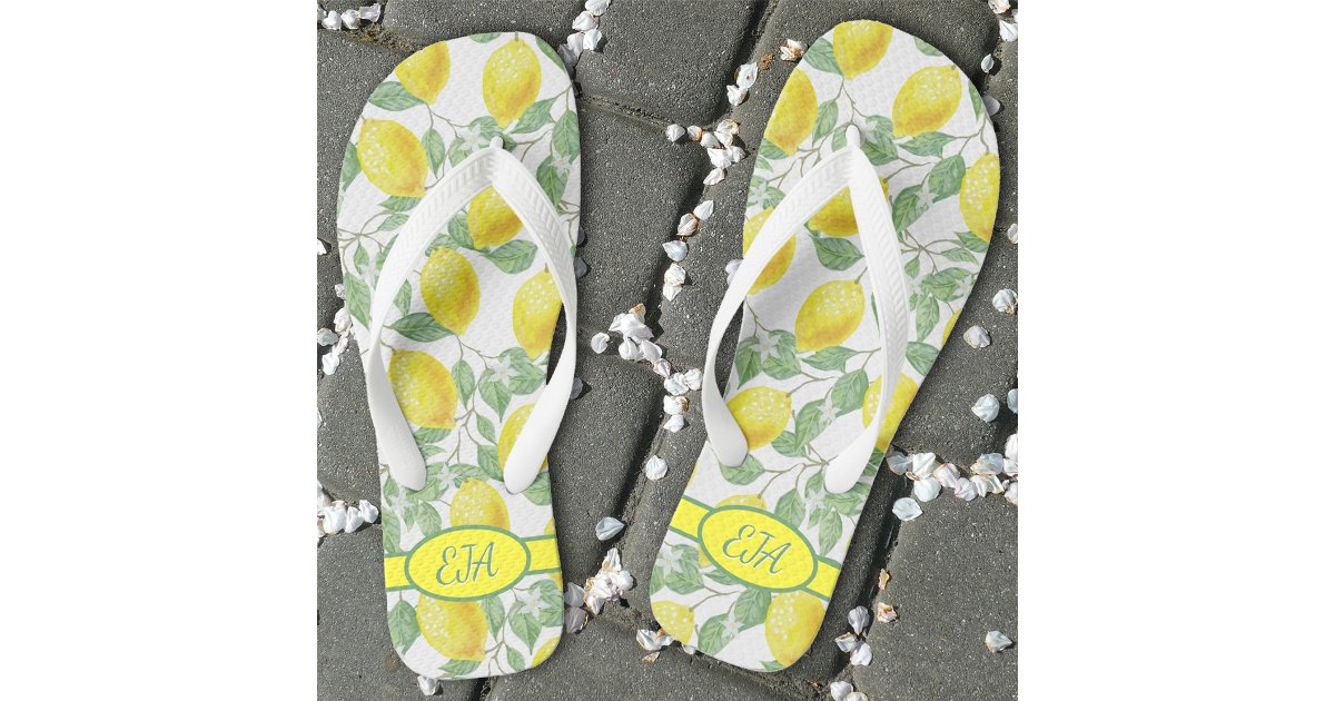 Summer Lemon Pattern Initial Yellow White Lemonade Flip Flops | Zazzle