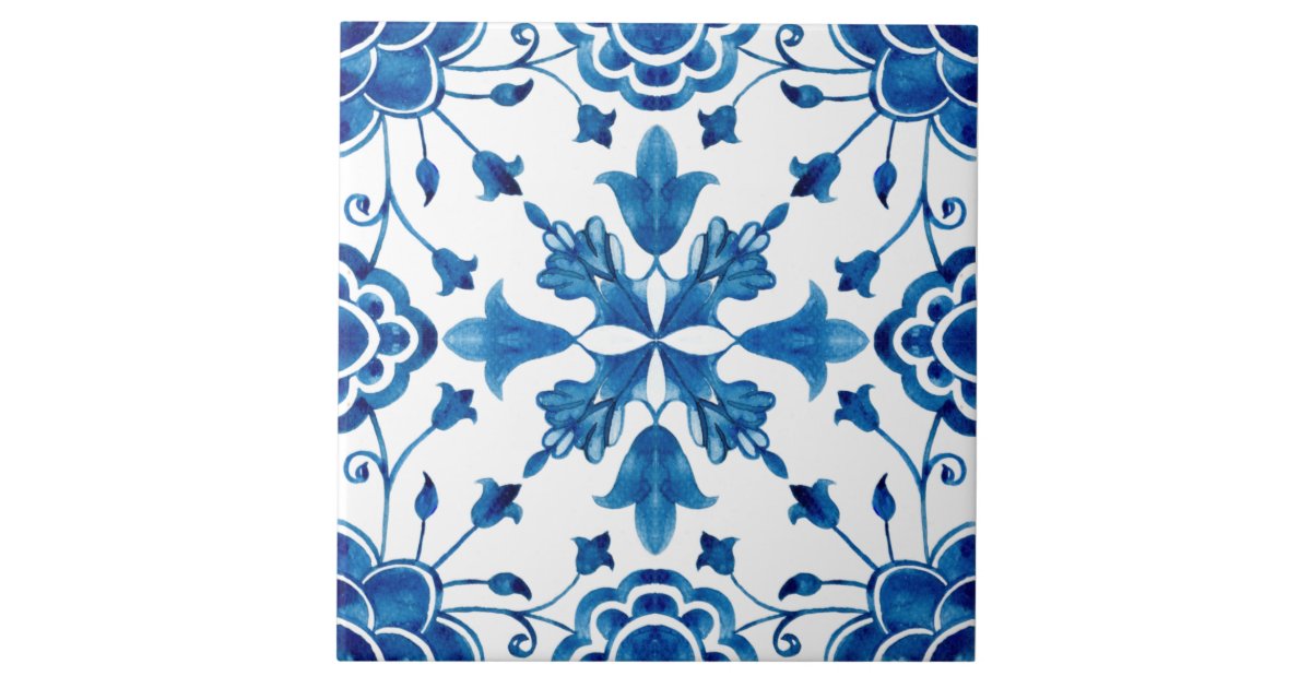 Summer Mediterranean blue flowers tiles | Zazzle