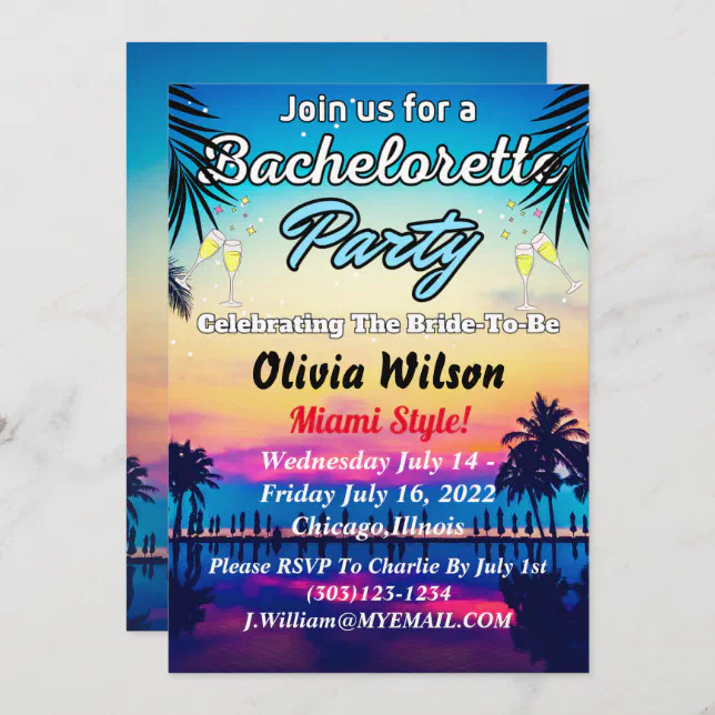 Summer Miami Weekend Beach Bachelorette Party Invitation | Zazzle
