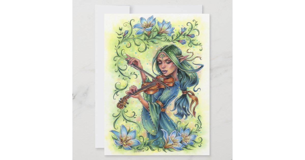Summer Night Fiddler Fairy Elf Violin Art Card | Zazzle