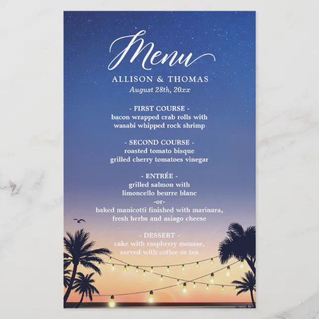 Summer Palm Beach String Light Wedding Menu | Zazzle
