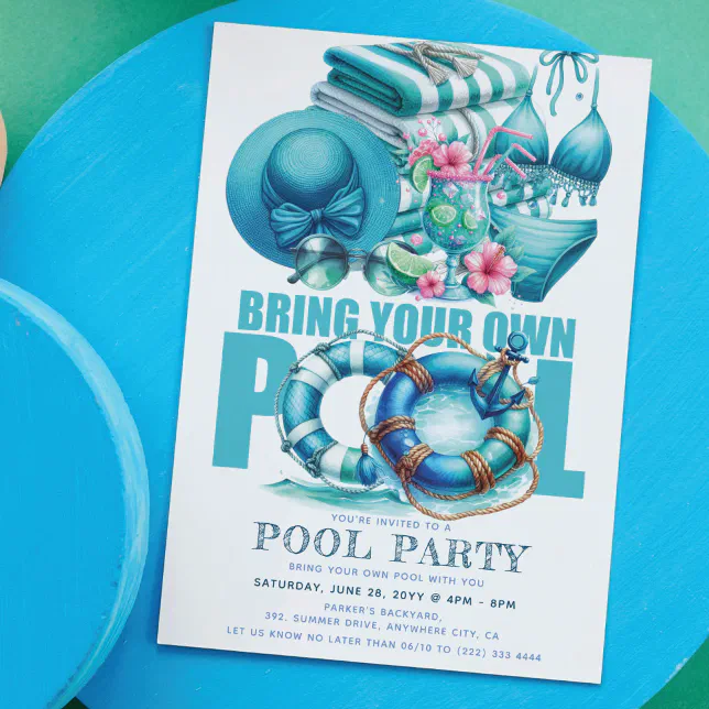 Summer Party BYO Pool Turquoise Watercolor Invitation | Zazzle