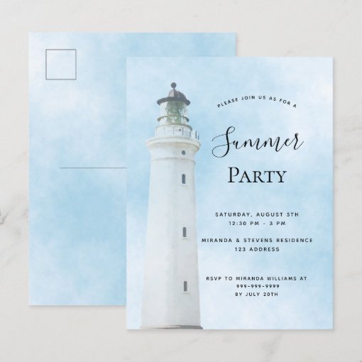Summer party coastal beach lighthouse invitation postcard | Zazzle