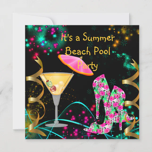 Summer Pink Black Beach Pool Party Invitation | Zazzle