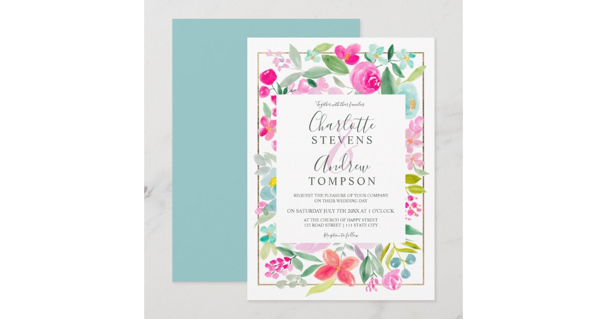 Summer pink blue floral watercolor wedding invitation | Zazzle