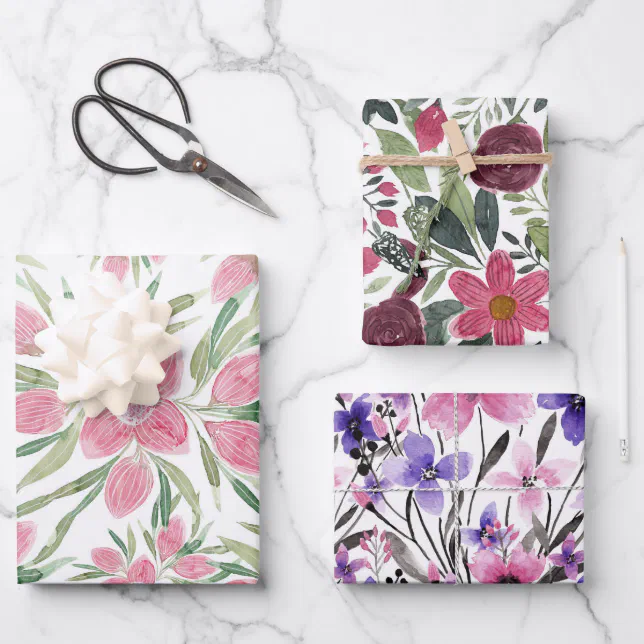 Summer Pink Green Watercolor Blooming Flowers Wrapping Paper Sheets ...