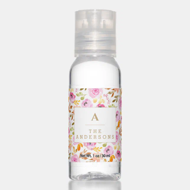 Summer Pink Watercolor Floral Family Monogram Hand Sanitizer | Zazzle