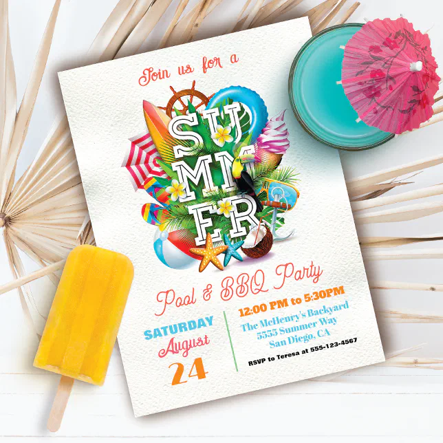 Summer Pool and BBQ Party Invitation | Zazzle