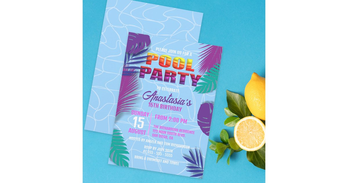 Summer Pool Party 16th Birthday Celebration Invitation | Zazzle