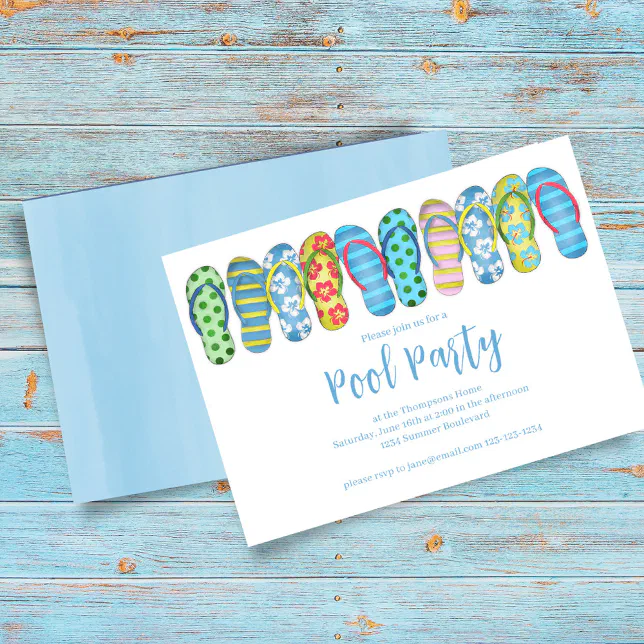 Summer Pool Party Cust Flip Flops Invitation | Zazzle
