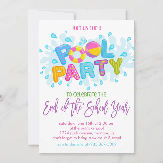 Summer Pool Party, End of the School Year Party Invitation | Zazzle