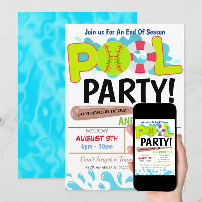 Summer Pool Softball Party Invitation | Zazzle