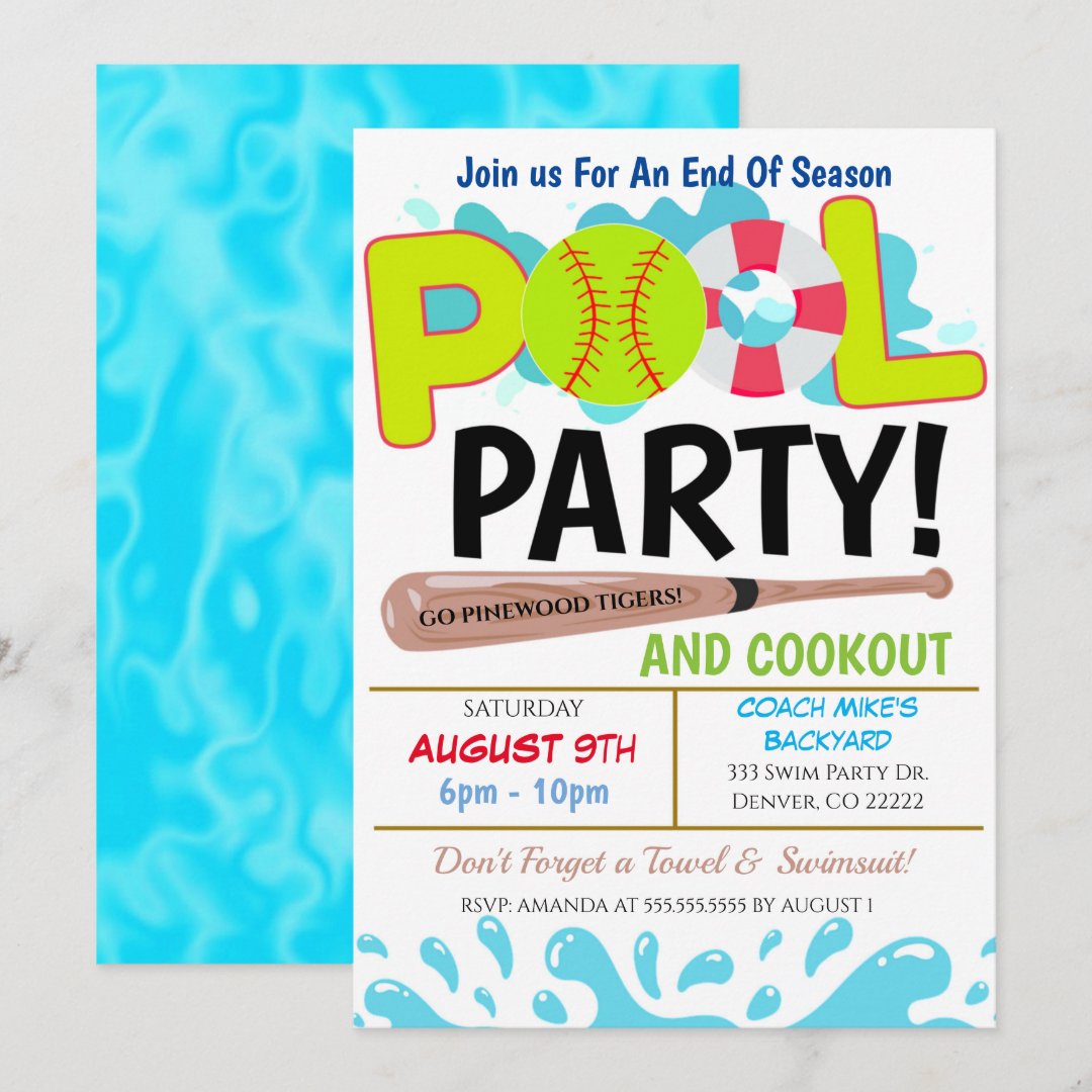 Summer Pool Softball Party Invitation | Zazzle