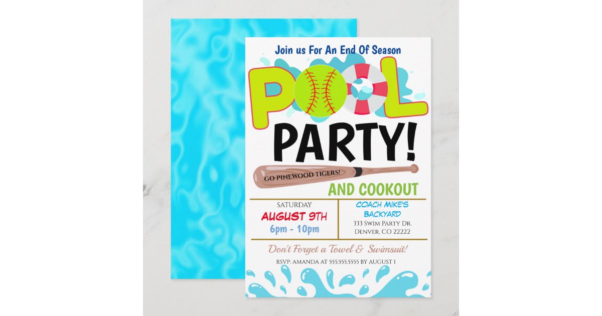 Summer Pool Softball Party Invitation | Zazzle