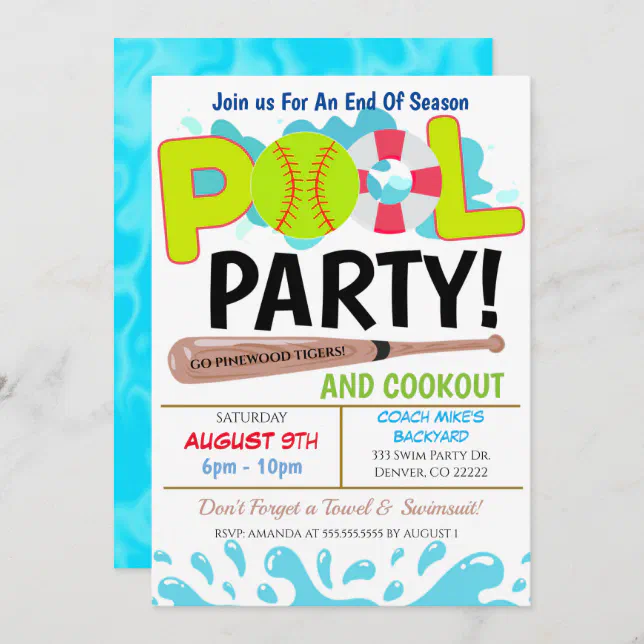 Summer Pool Softball Party Invitation | Zazzle