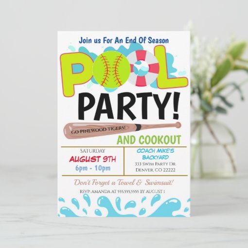 Summer Pool Softball Party Invitation | Zazzle