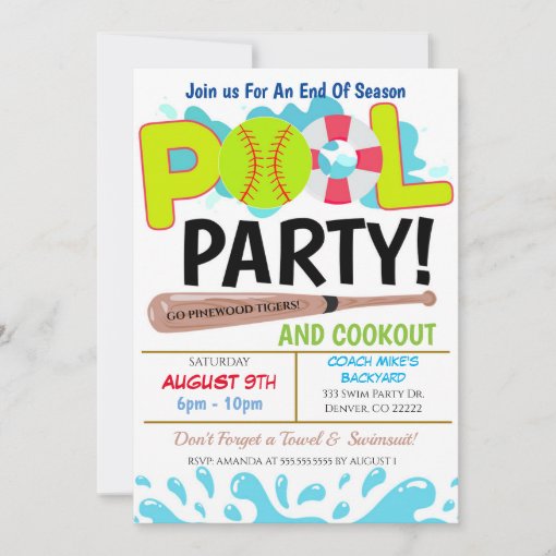 Summer Pool Softball Party Invitation | Zazzle