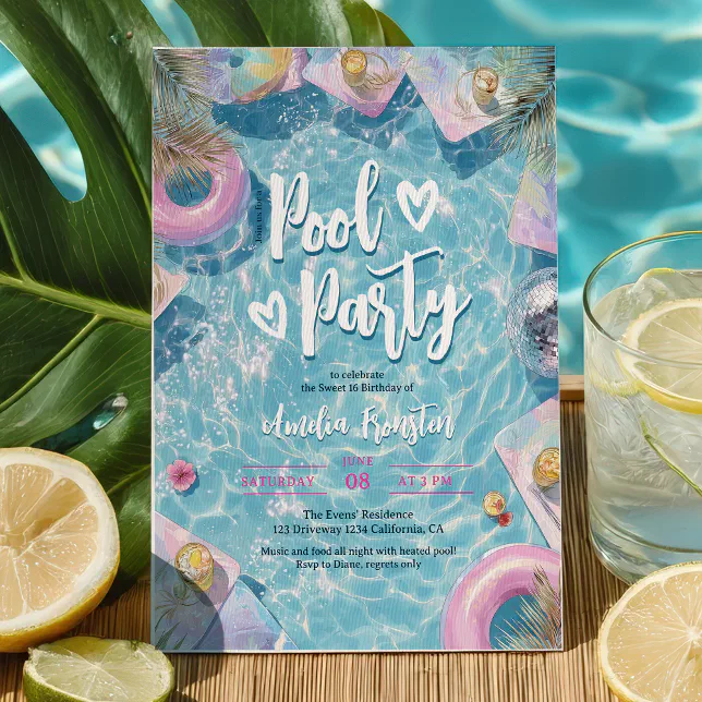 Summer Retro Disco Sweet 16 Pool Vibes Party Invitation | Zazzle