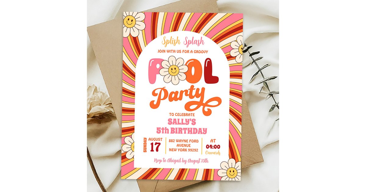 Summer Retro Groovy Daisy Pool Party Birthday Invitation | Zazzle
