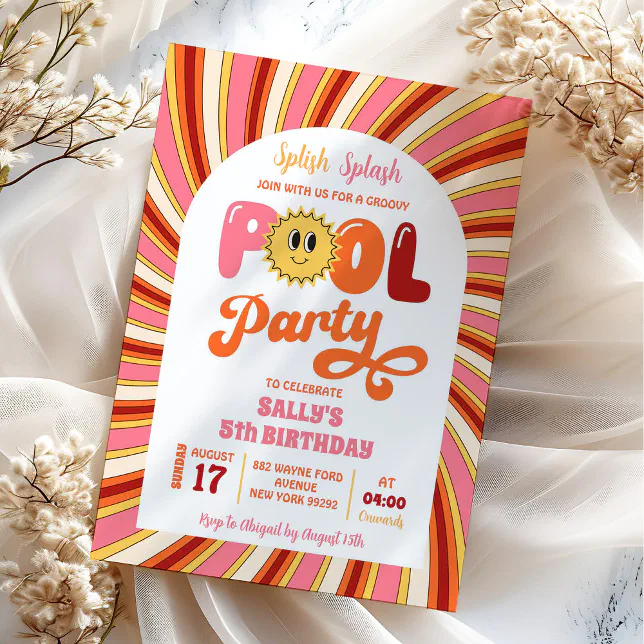 Summer Retro Groovy Sun Pool Party Birthday Invitation | Zazzle