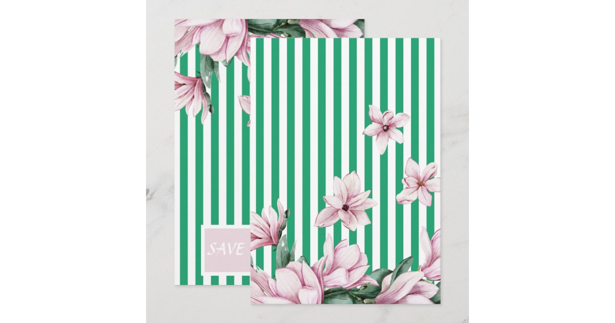 Summer, spring, green stripe magnolia print invitation | Zazzle