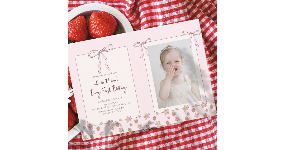 Summer, Strawberries, Ribbon Photo 1st Birthday Invitation | Zazzle
