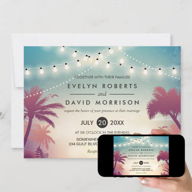 Summer String Lights Palm Tree Outdoor Wedding Invitation | Zazzle