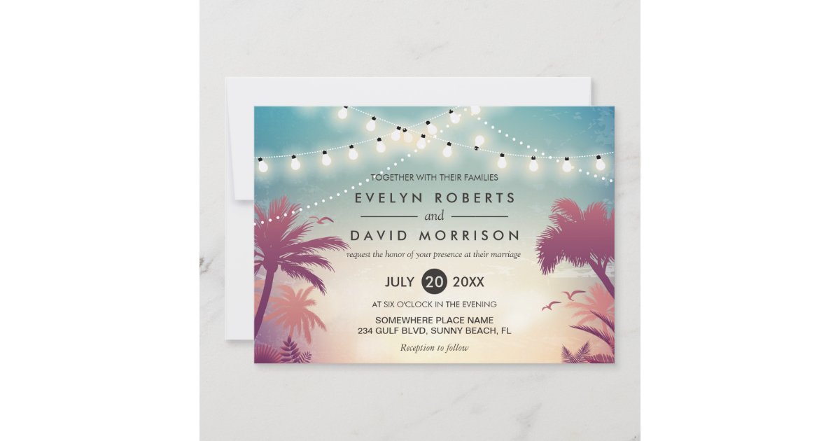 Summer String Lights Palm Tree Outdoor Wedding Invitation | Zazzle