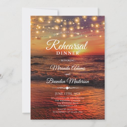 Summer Sunset String Light Beach Rehearsal Dinner Invitation | Zazzle