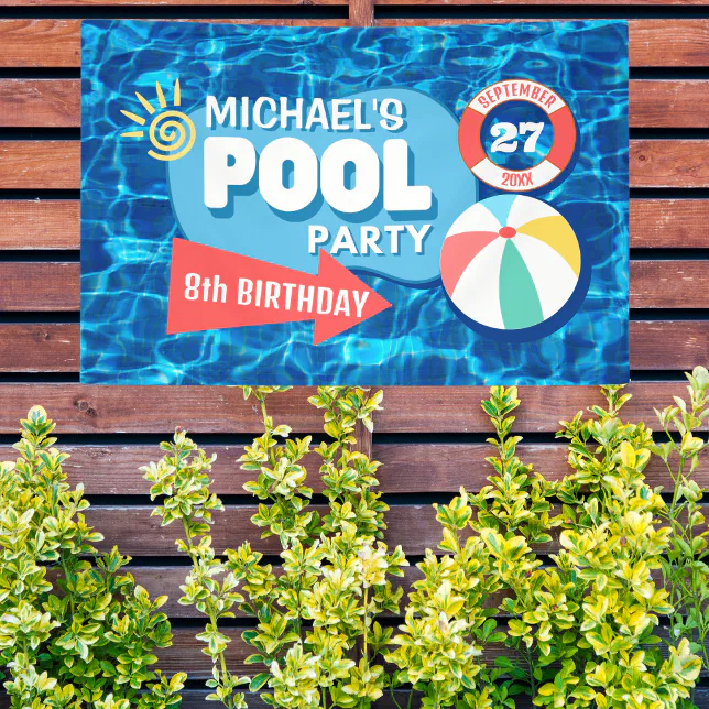 Summer Swimming Pool Party Tropical Birthday Blue Banner | Zazzle