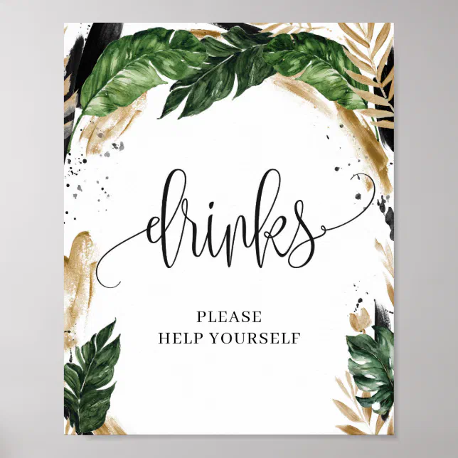 Summer tropical leaves floral gold drinks sign | Zazzle