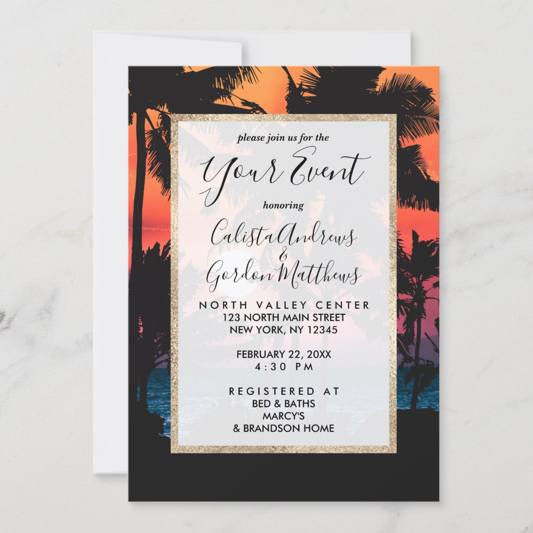 Summer Tropical Pink Orange Palm Trees Sunset Invitation | Zazzle