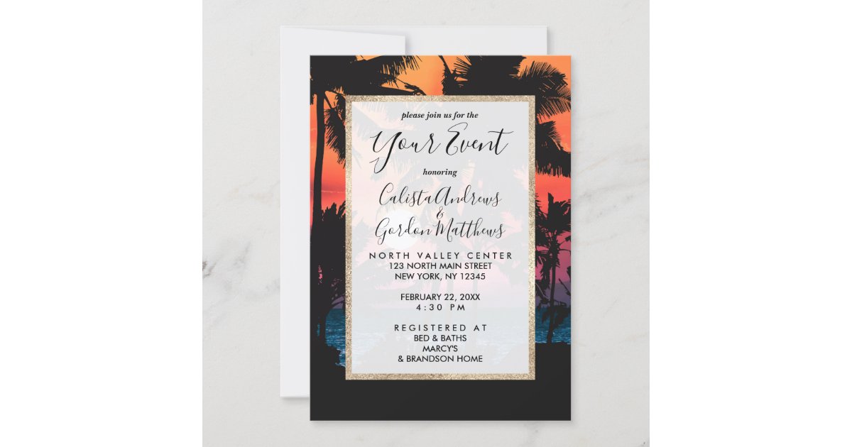 Summer Tropical Pink Orange Palm Trees Sunset Invitation | Zazzle