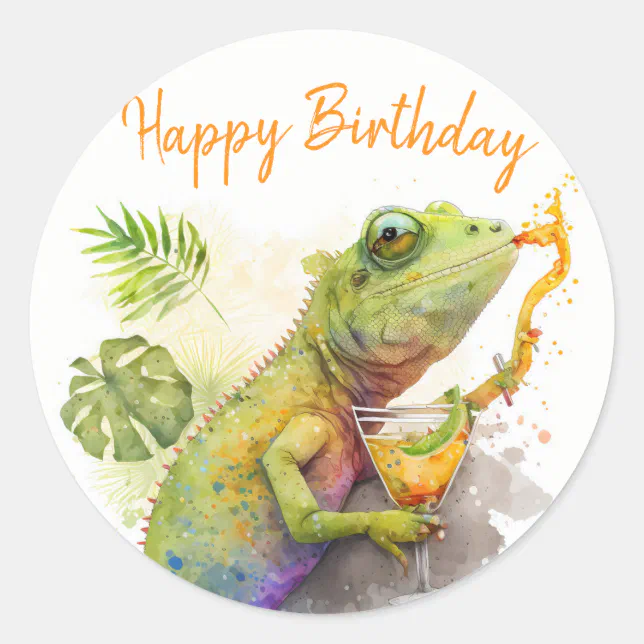 Summer Vibes Watercolor Chameleon - Happy Birthday Classic Round ...