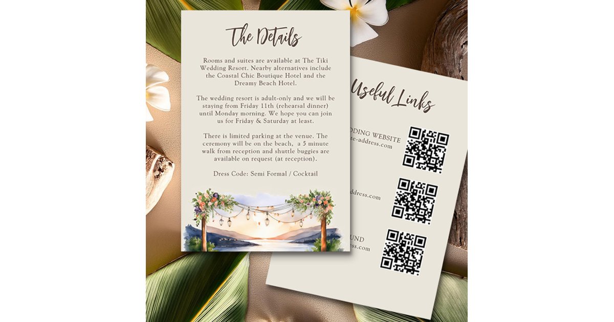 Summer Watercolor Beach Wedding Details QR Code Enclosure Card | Zazzle