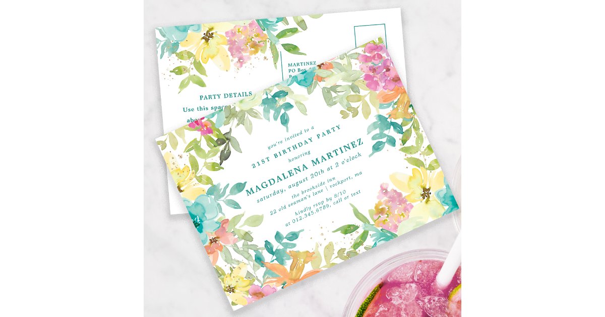 Summer Watercolor Floral 21st Birthday Invitation Postcard | Zazzle