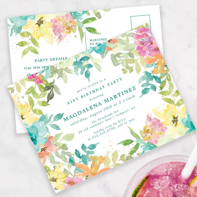 Summer Watercolor Floral 21st Birthday Invitation Postcard | Zazzle