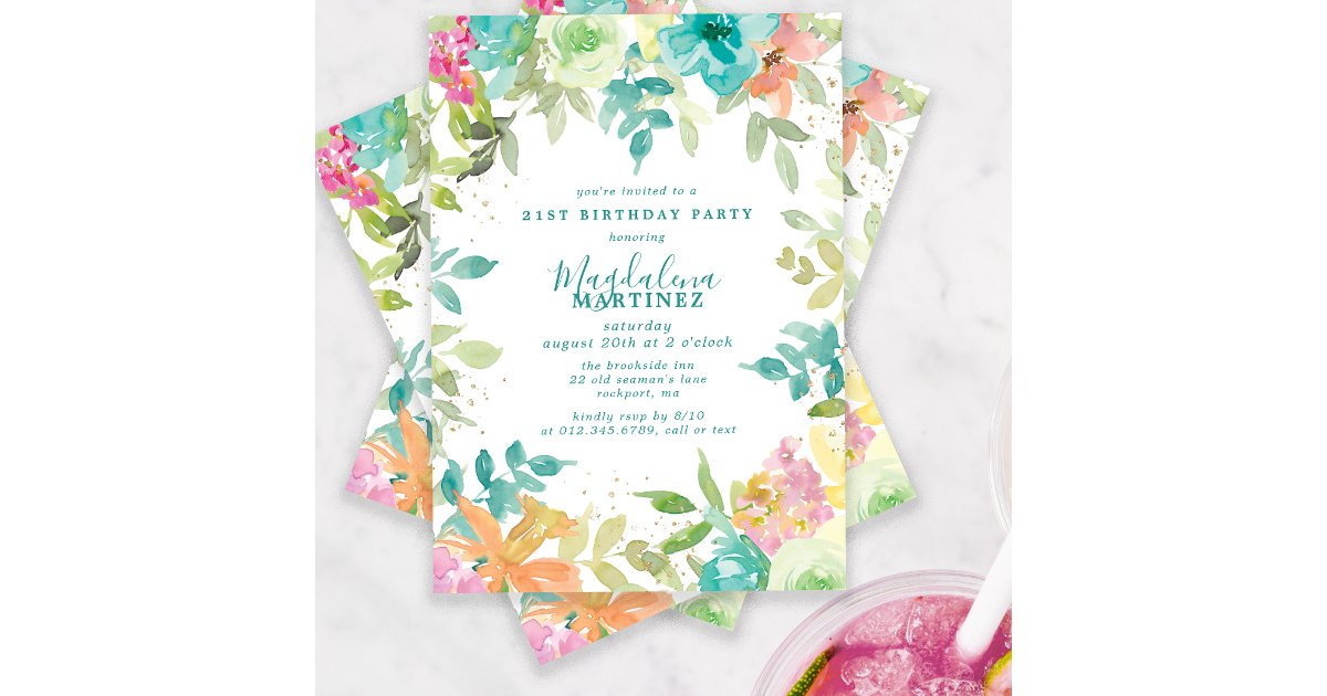 Summer Watercolor Floral 21st Birthday Party Invitation | Zazzle
