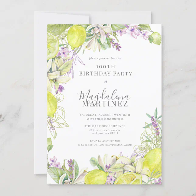 Summer Watercolor Lavender Lemons 100th Birthday Invitation | Zazzle