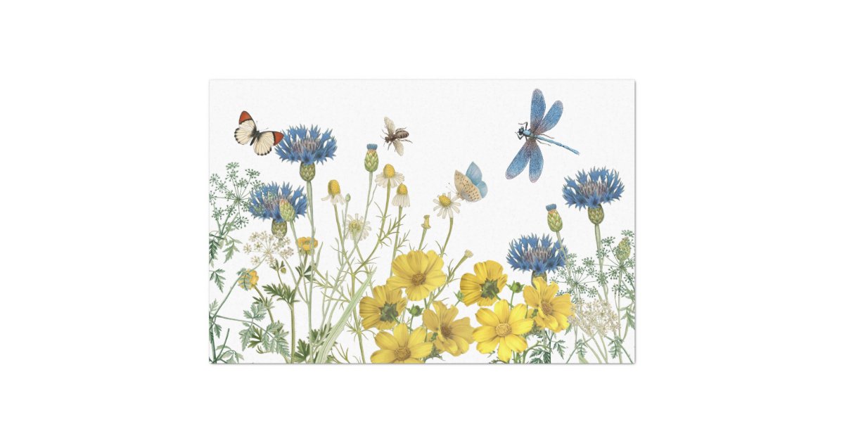 Summer Wildflower Floral Dragonfly Bee Blue Craft Tissue Paper | Zazzle