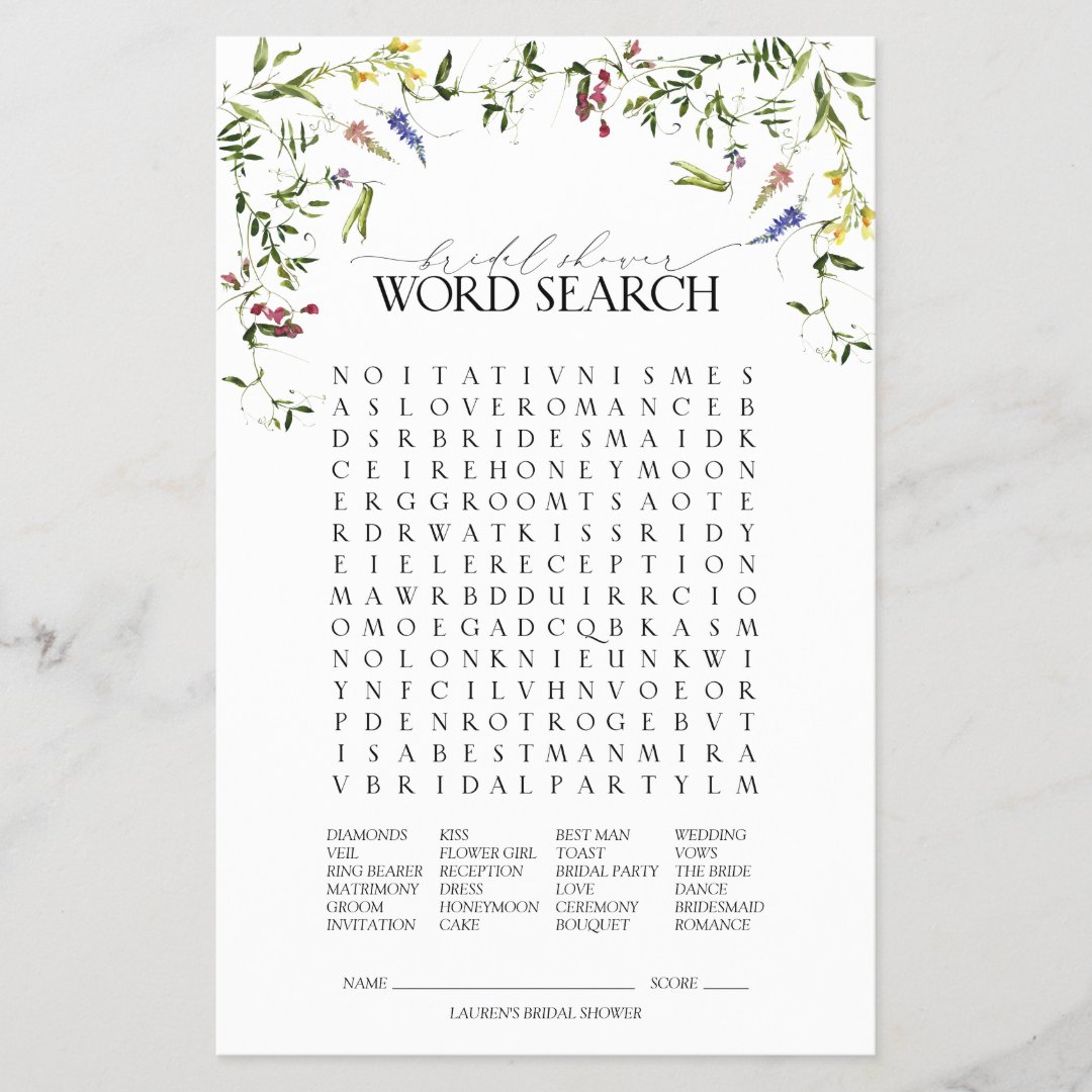 Summer Wildflower Word Search Bridal Shower Game | Zazzle