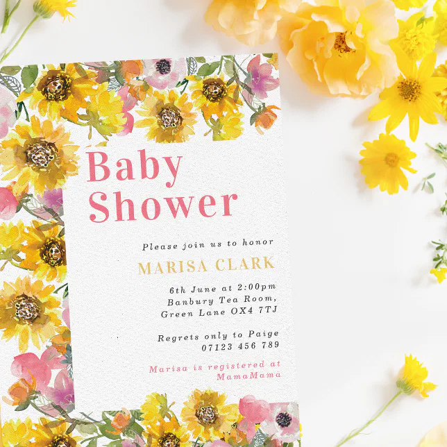 Summer Yellow & Pink Floral Baby Shower Invitation | Zazzle